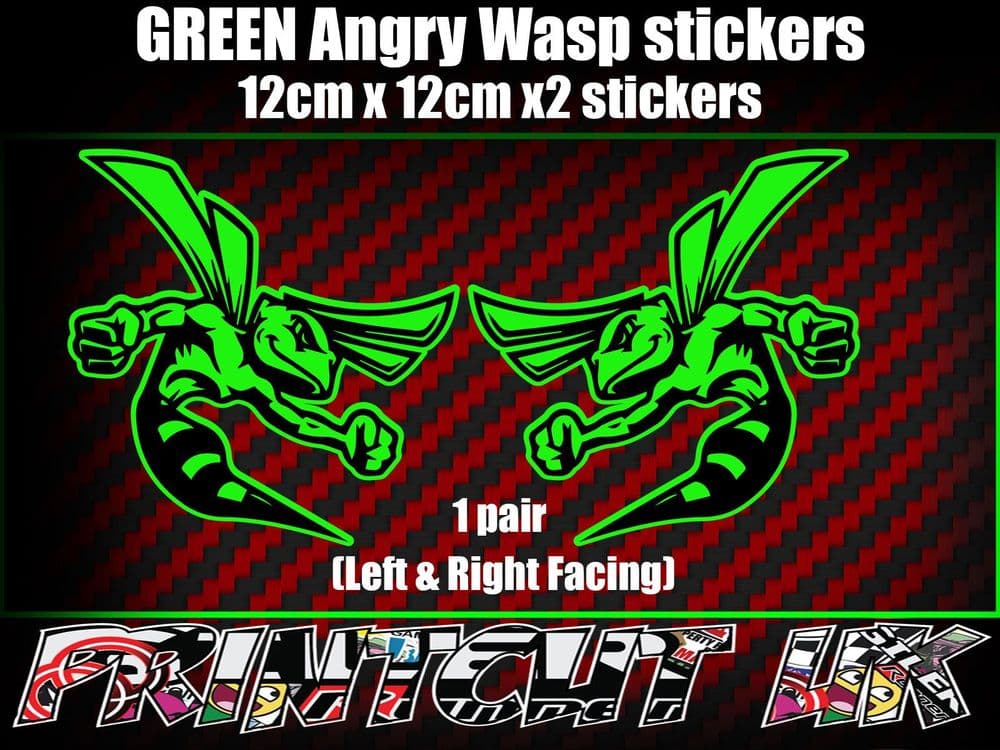 Pair of GREEN Angry Wasp Stickers laptop helmet bike car scooter vespa ...
