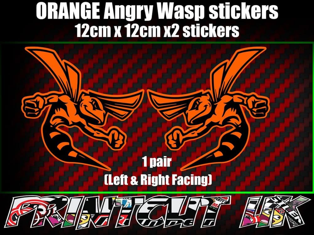 Pair of Orange Angry Wasp Stickers laptop helmet bike car scooter vespa ...