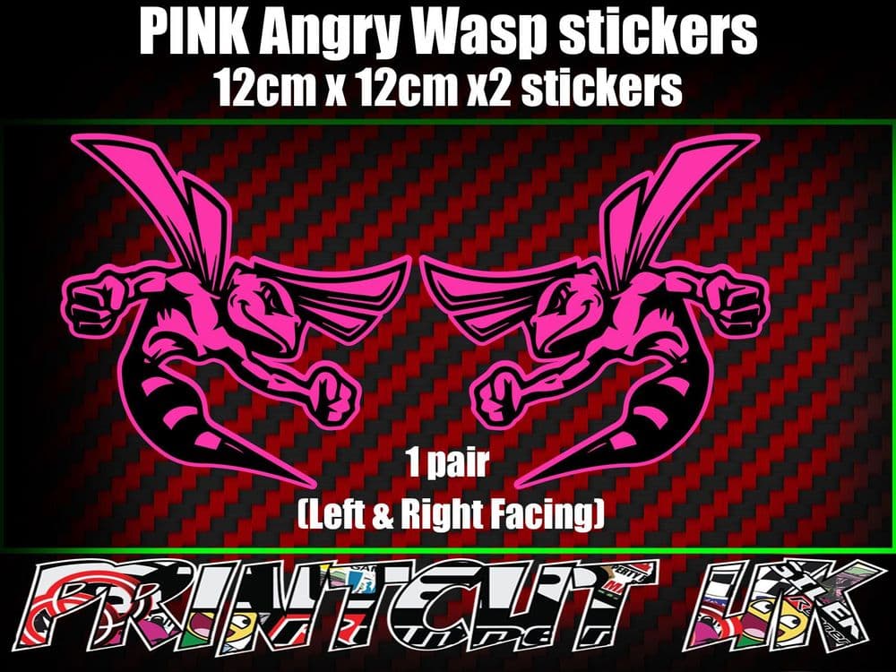 Pair of PINK Angry Wasp Stickers laptop helmet bike car scooter vespa ...