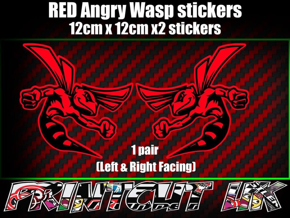 Pair of RED Angry Wasp Stickers laptop helmet bike car scooter vespa hornet