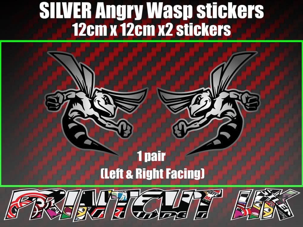 Pair of SILVER Angry Wasp Stickers laptop helmet bike car scooter vespa ...