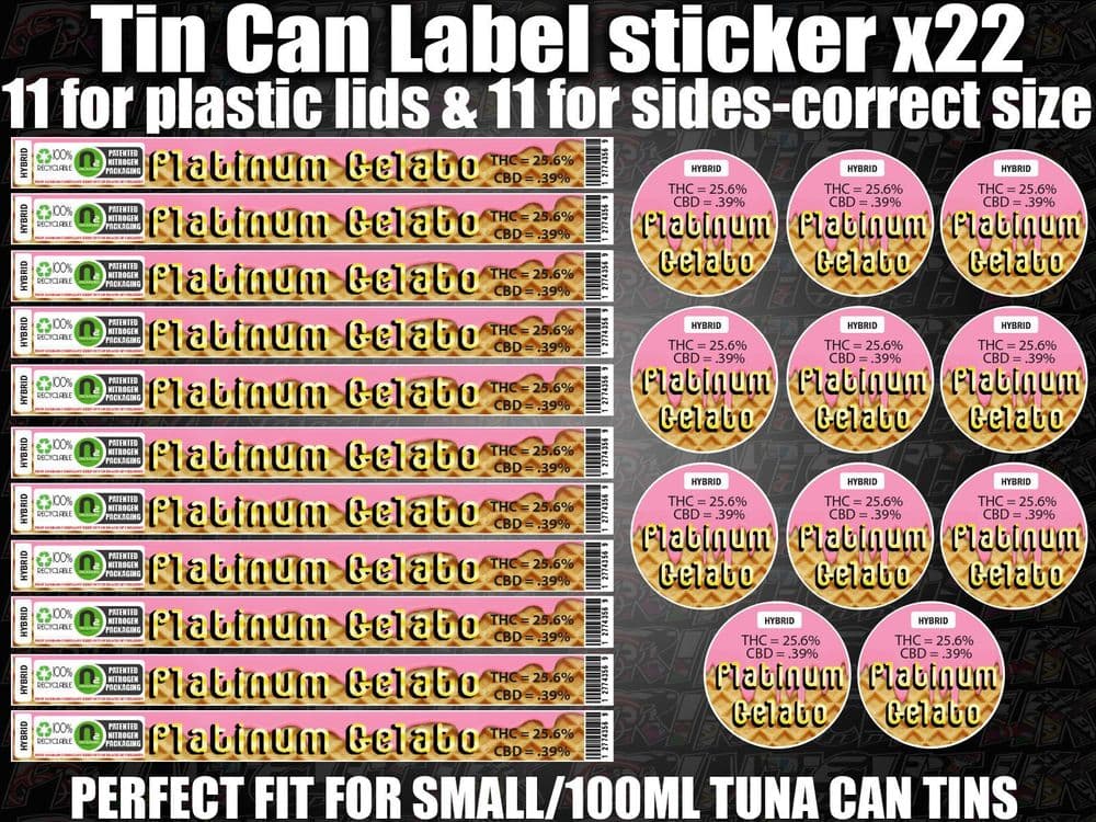 PLATINUM GELATO Cali Tin Labels Stickers Marijuana weed RX Medical Cannabis