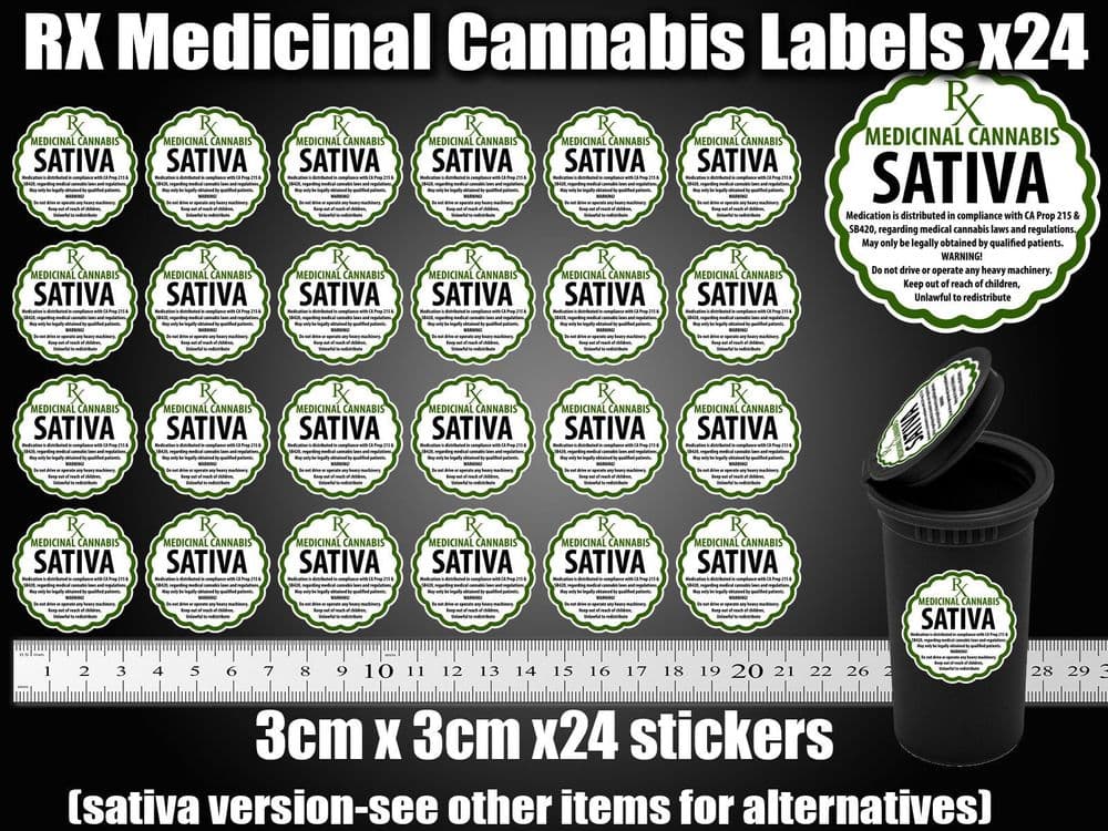 RX Medical Cannabis SATIVA Labels Stickers 13 Dram pop top Marijuana ...