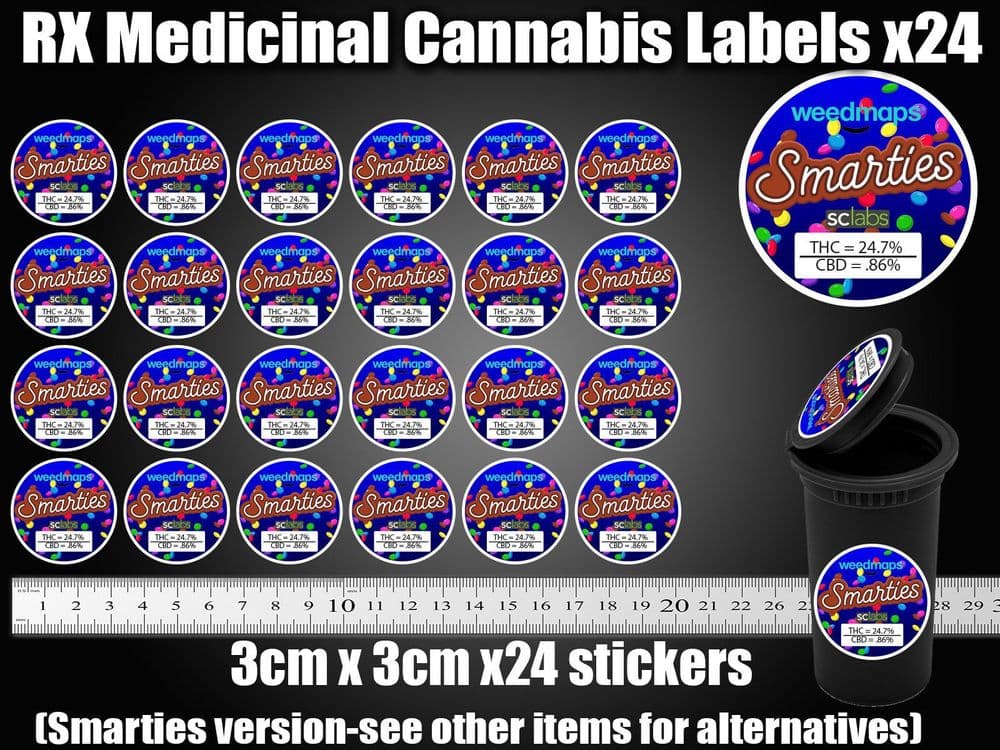 Smarties CALI Cannabis Labels Dram pop top rx JAR TIN Medical Marijuana ...