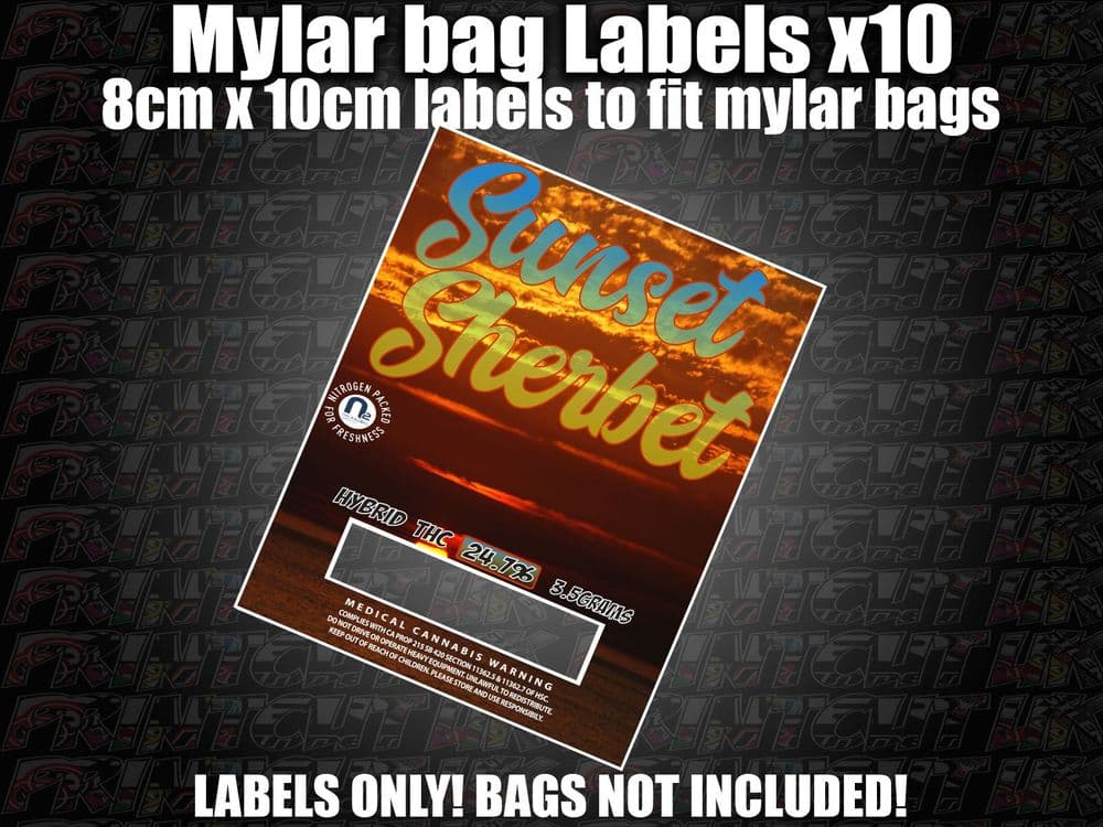 SUNSET SHERBET MYLAR BAG POUCH LABELS 10CM X 8CM Cali Stickers RX Medical