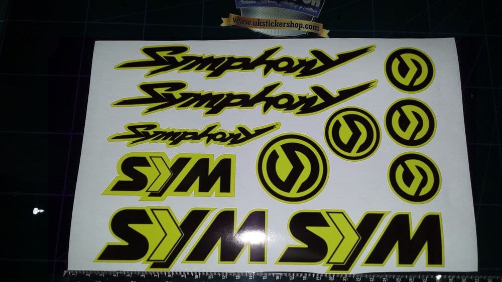 Sym Symphony Stickers / Decals YELLOW & Black 11 piece printed vinyl 50 125