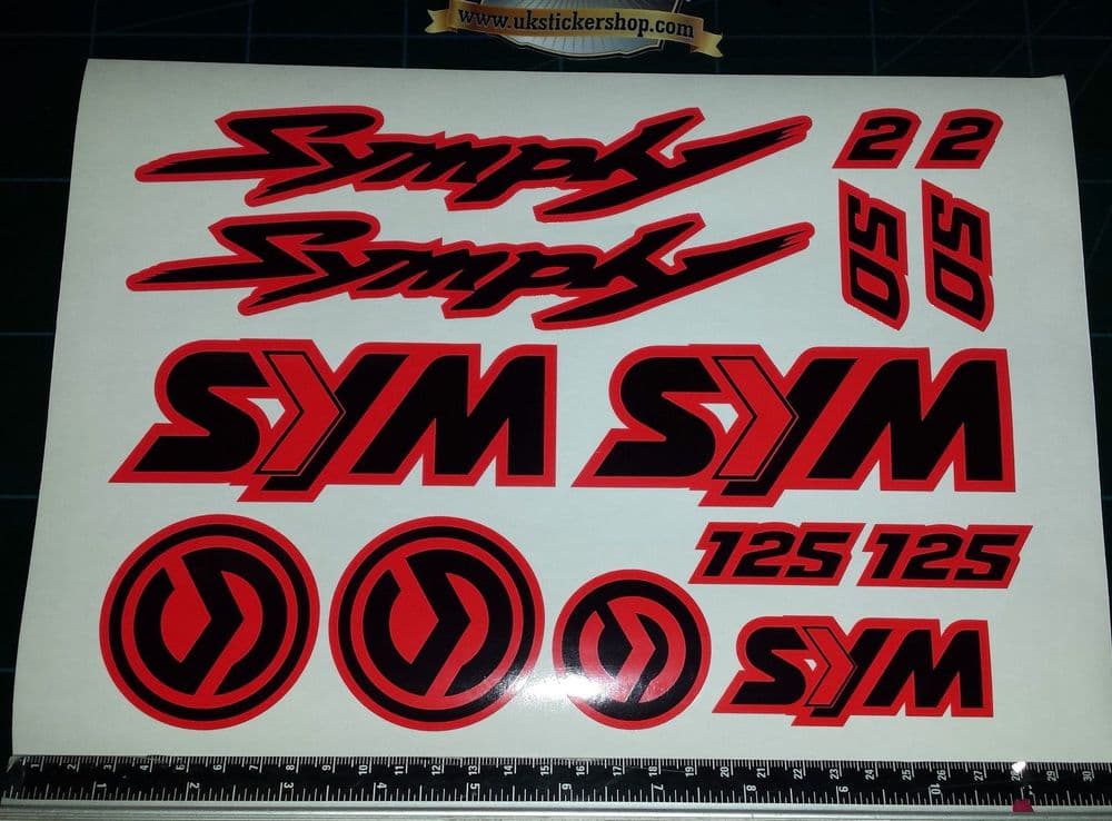 Sym Symply 1 2 Stickers / Decals RED & Black 14 piece printed vinyl 50 125
