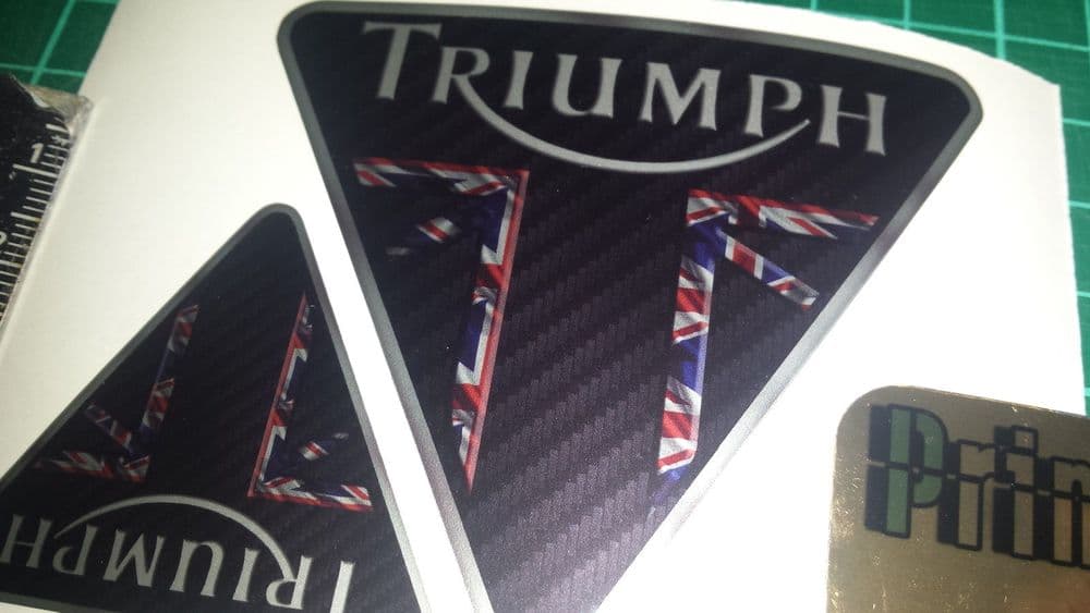Triumph Tank Decals x4 Carbon & Union Jack Style Tiger trophy speed sprint