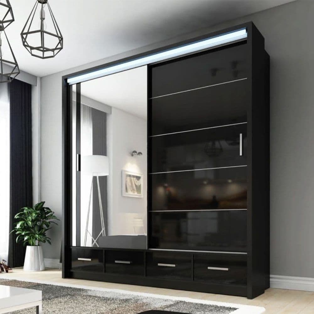 2m Bianca High Gloss 2 Door Sliding Wardrobe With LED Lighting Display