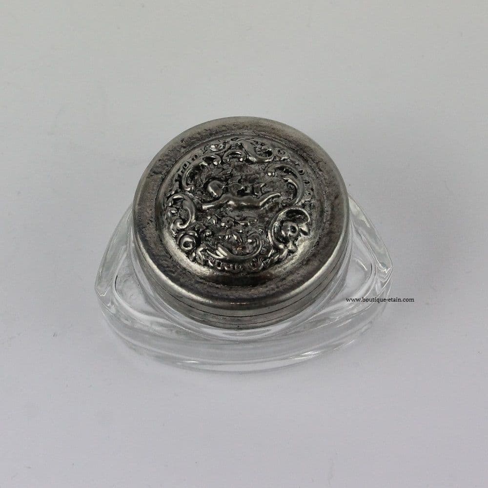 Petit encrier en verre et étain