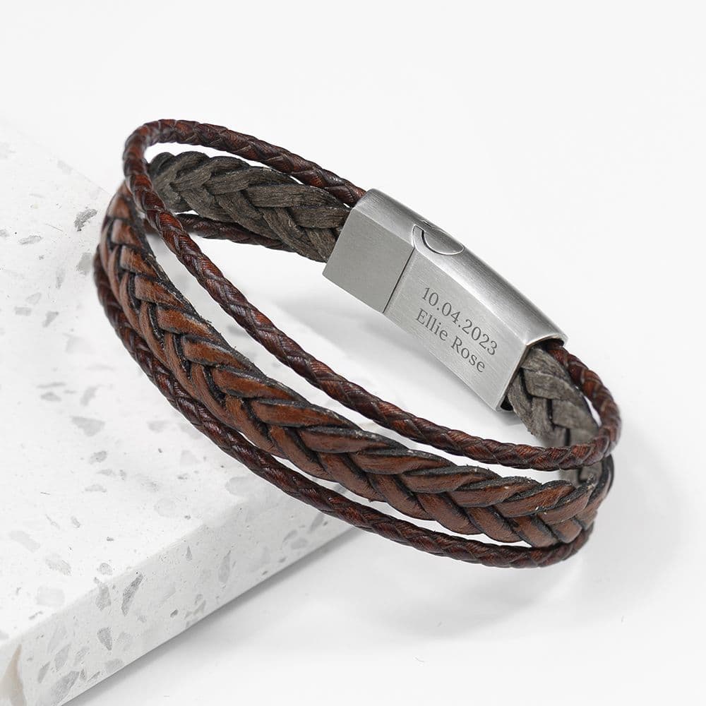Personalised Men s Bown Leather Woven Layered Bracelet
