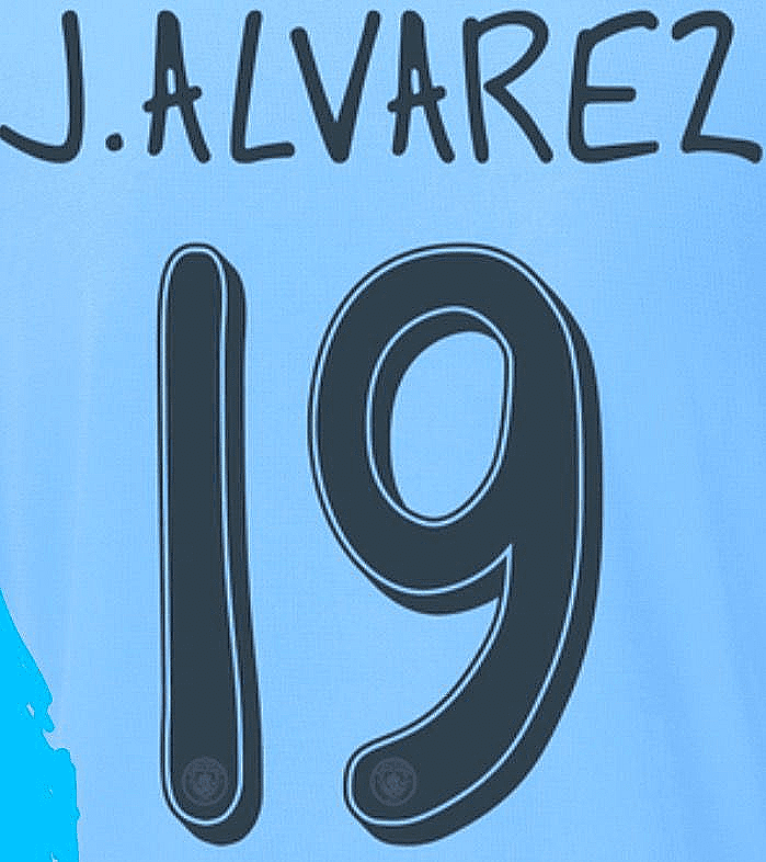 2024-25 Manchester City UCL Home/Fourth Shirt J ALVAREZ 19 Official Player Issue Name Number Set