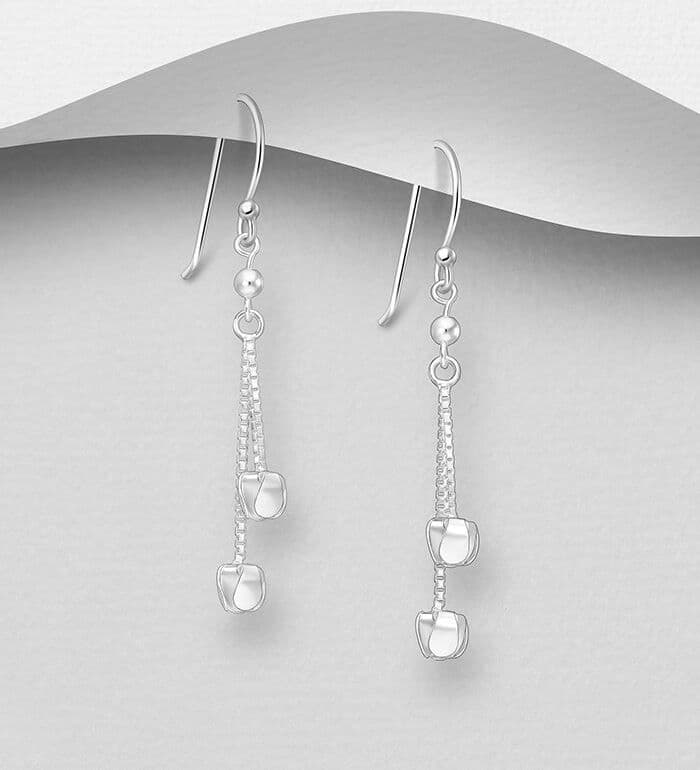 925 Sterling Silver Double Bud & Chain Hook Earrings Modern Elegance in ...