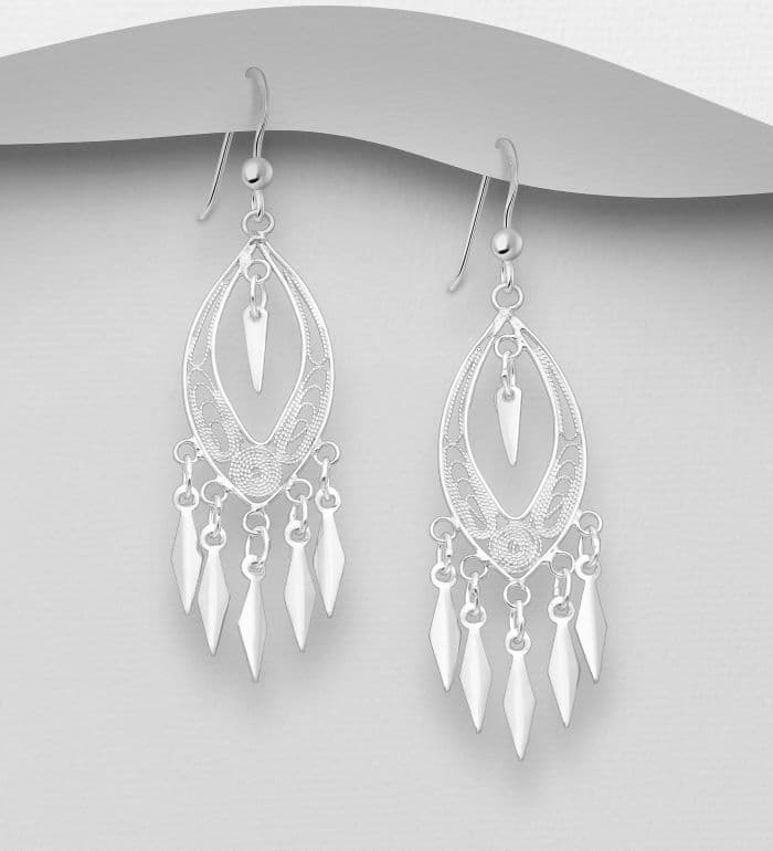 925 Sterling Silver Handmade Filigree Hook Drop Earrings