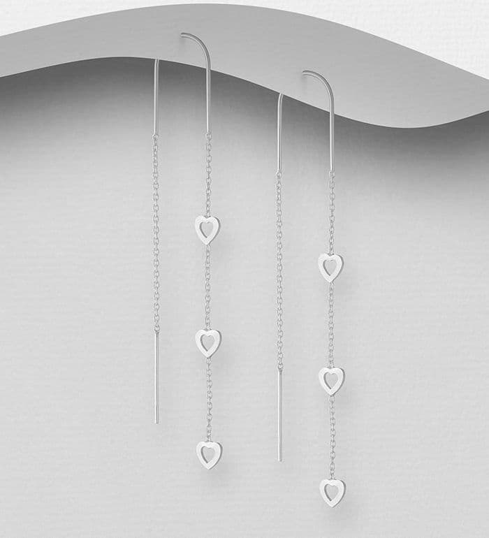 925 Sterling Silver Triple Heart Hook Thread Through Drop Earrings