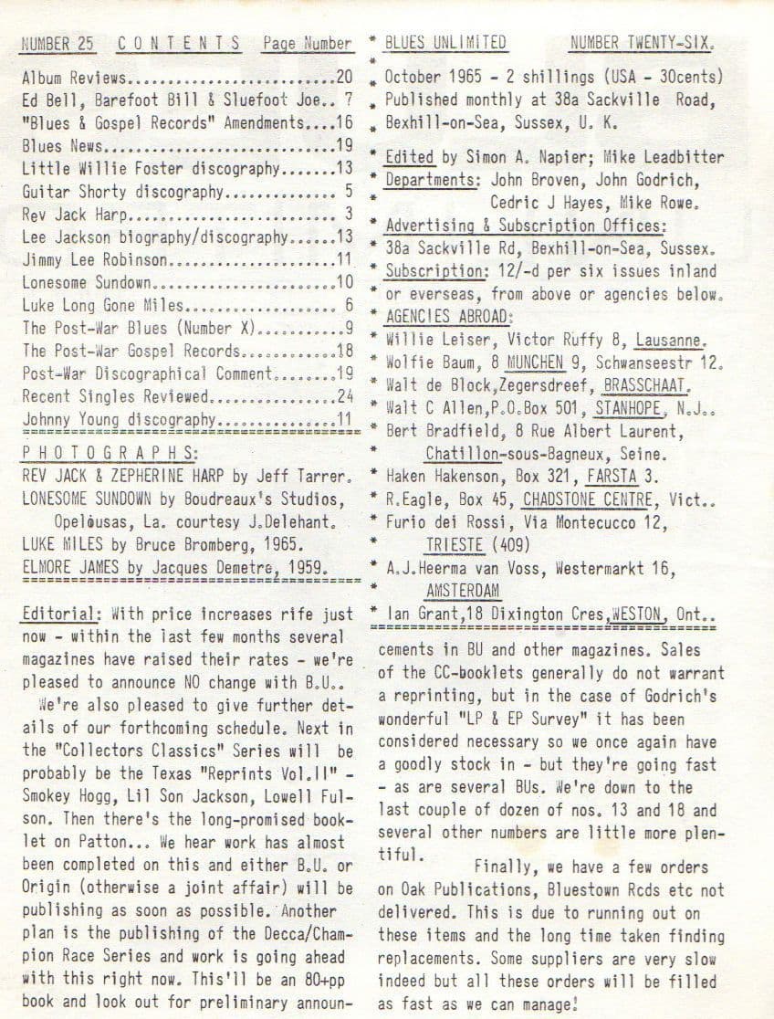 Blues Unlimited Magazine No 26 October 1965 Rev Jack Harp Little Willie ...