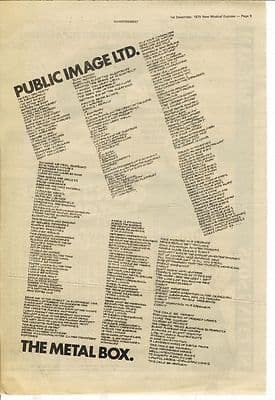 Public Image Ltd PIL Metal Box ad Poster Size vintage music press ...