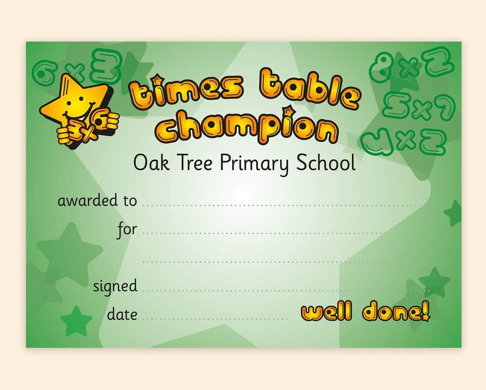 Times Tables x 50 Primary School Award Certificate