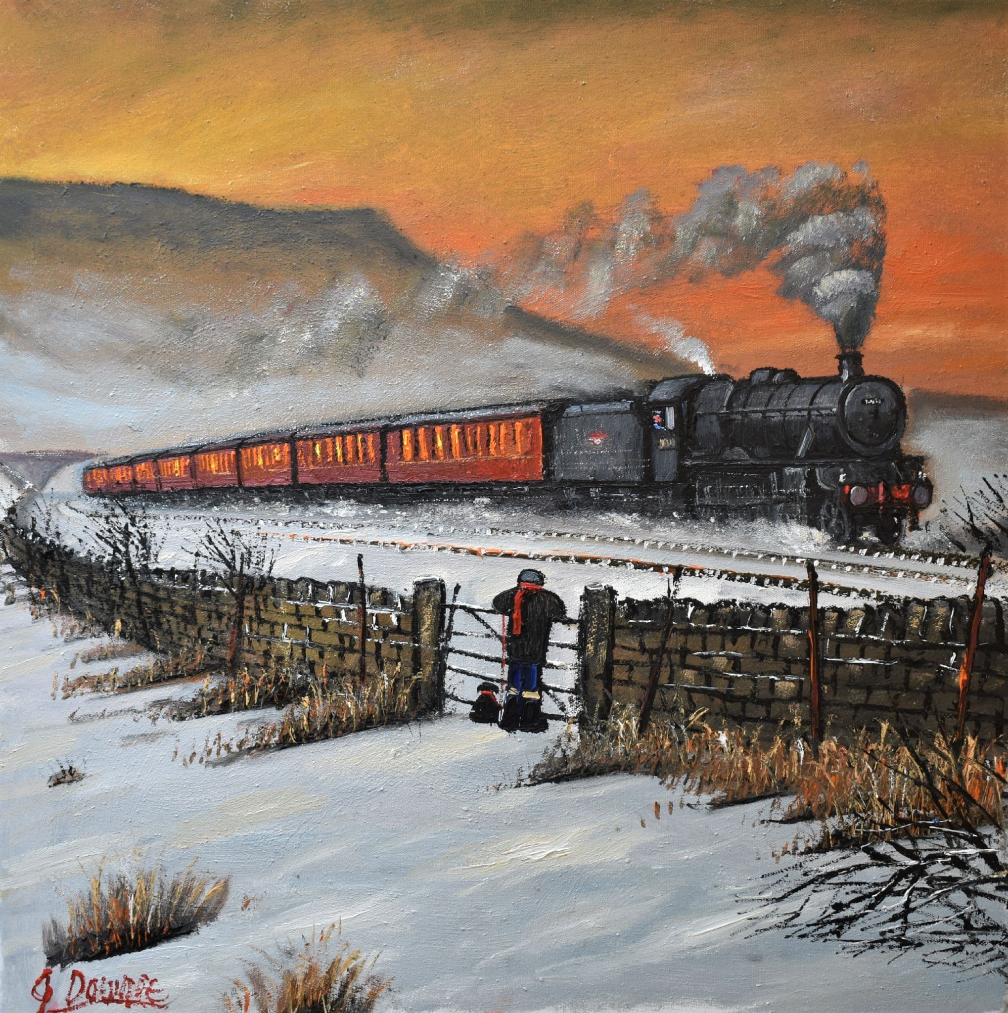 Large James Downie Original Oil Painting Trainspotting In The Snow