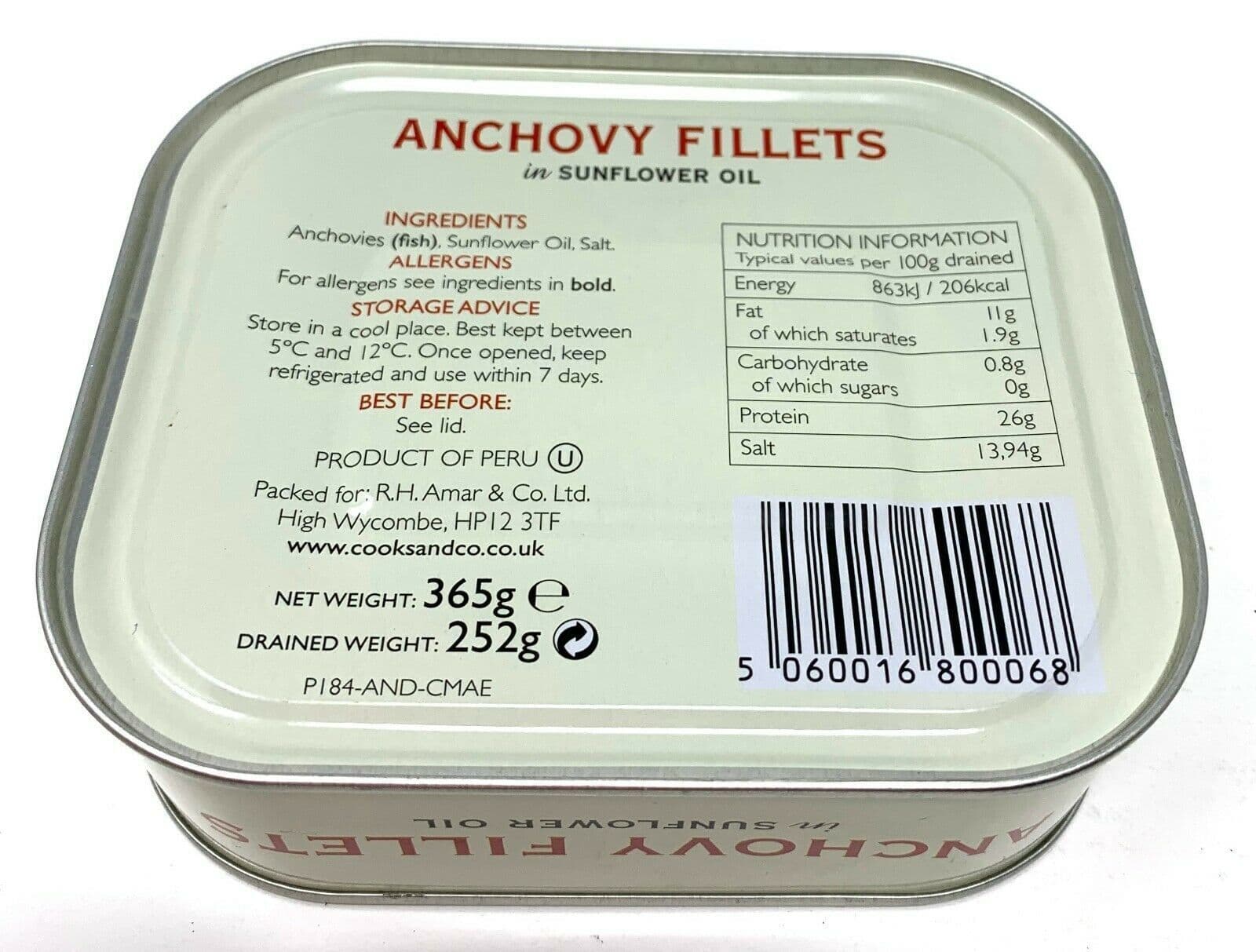 Cooks & Co Anchovy Fillets Anchovies in Sunflower Oil Canned Fish 365g Tin