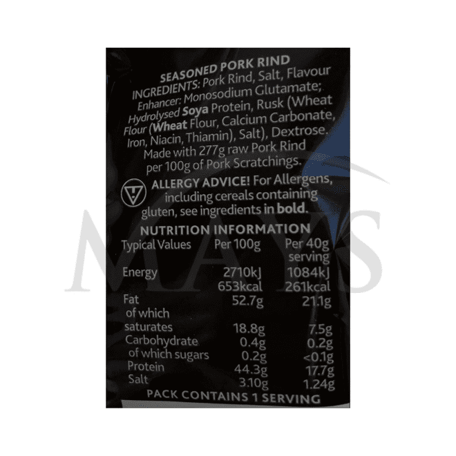 MS Traditional Pork Scratchings 12 x 40g Packs on a Pub Snack Card