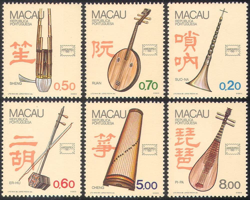 Macau 1986 Music/ Musical Instruments/ Drums/ Pipes/ Harp/ Lute ...