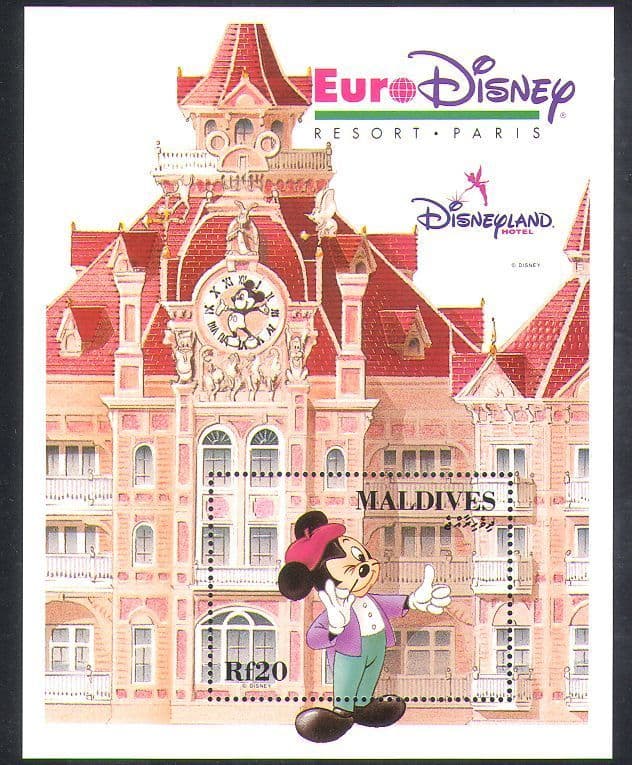 Maldives 1992 Euro Disney/ Cartoons/ Animation/ Mickey/ Clock/ Building ...