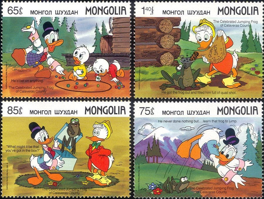 Mongolia 1987 Disney/ Mark Twain/ Donald Duck/ Jumping Frog/ Cartoons ...