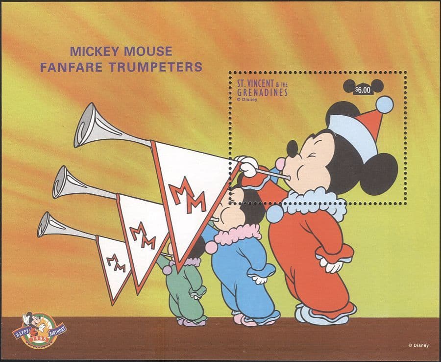 St Vincent 1998 Disney/ Mickey Mouse 70th/ Trumpets/ Cartoons/ Music 1v ...