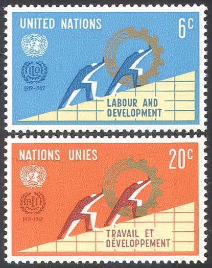 UN NY 1969 ILO 50th/ Workers/ People/ Animation/ Graphs/ Charts 2v set ...