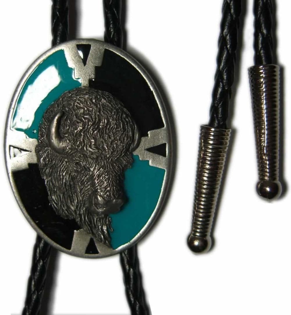 Bison Head Bolo Tie black/blue