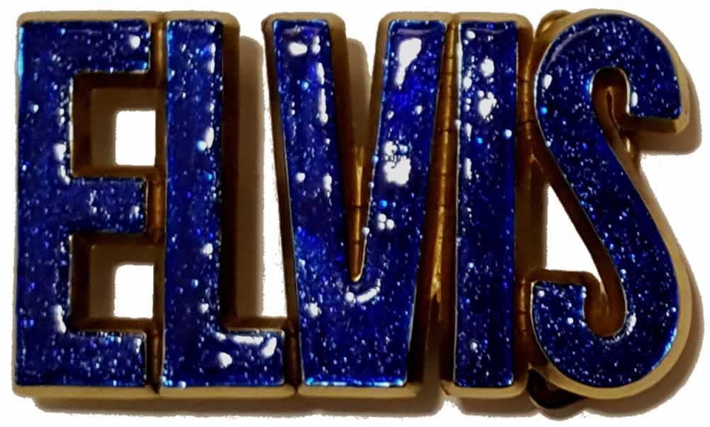 Elvis Letters Blue Glitter on Solid Brass Belt Buckle display stand ...