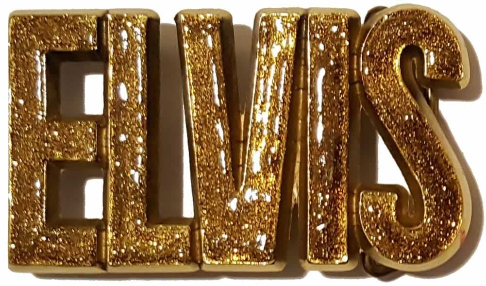 Elvis Letters Gold Glitter on Solid Brass Belt Buckle display stand ...
