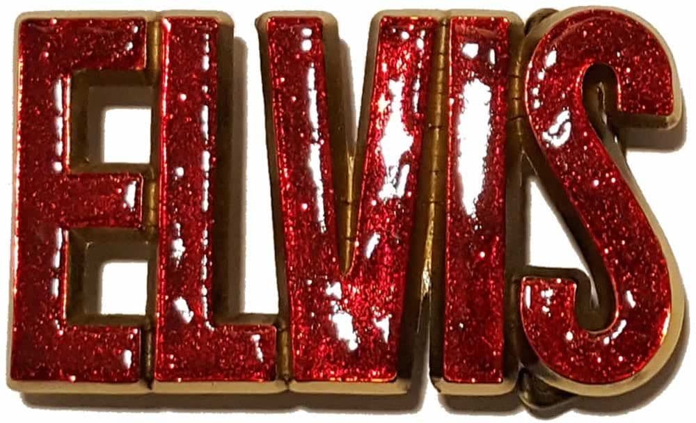 Elvis Letters Red Glitter on Solid Brass Belt Buckle display stand ...