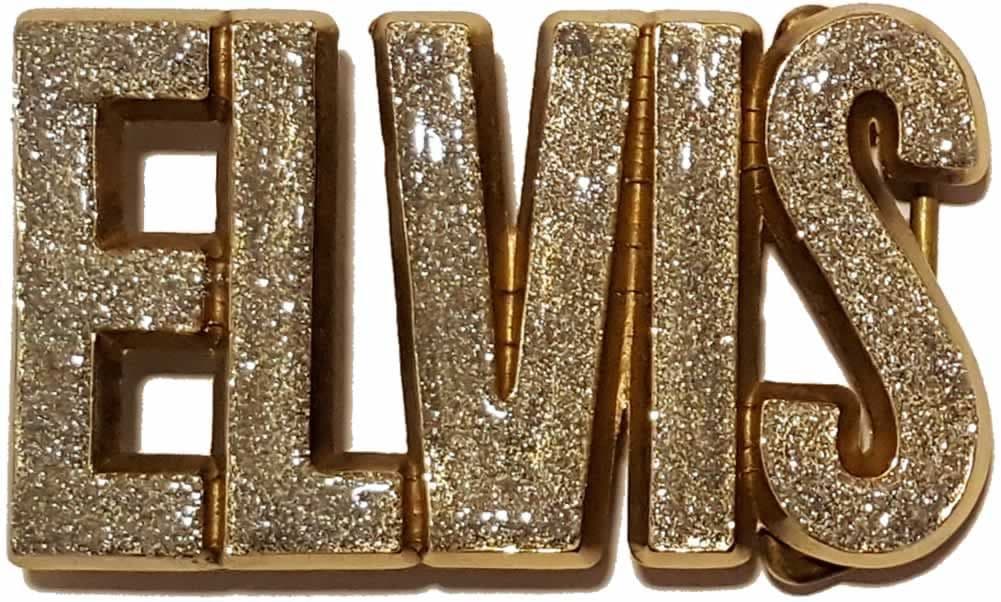 Elvis Letters Silver Glitter on Solid Brass Belt Buckle display stand ...
