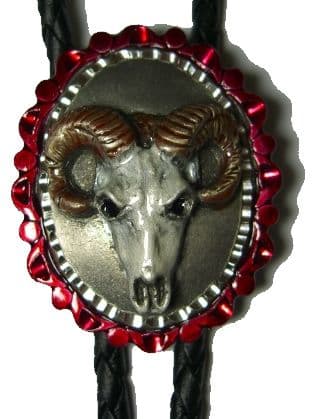 RAM SKULL RAISED bolo tie red