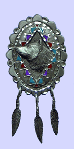 WOLF HEAD ON AZTEC FEATHERS bolo tie
