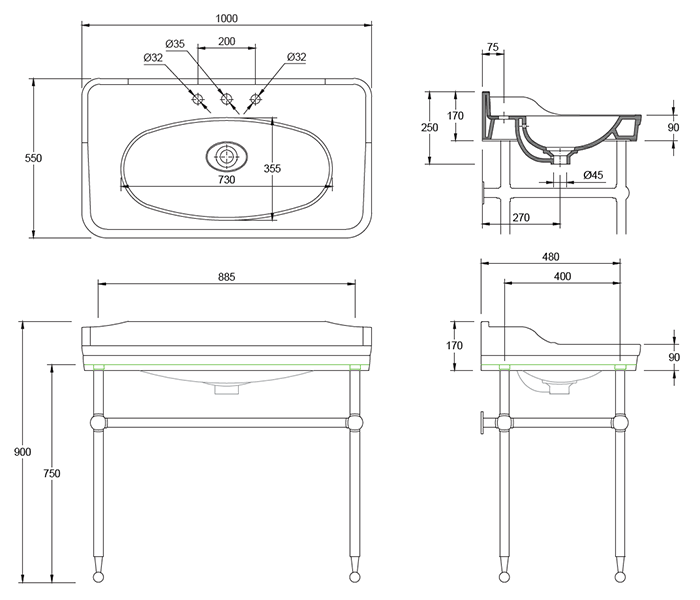 Healey & Lord Classic Collection 1000mm Console Basin with Metal Basin ...