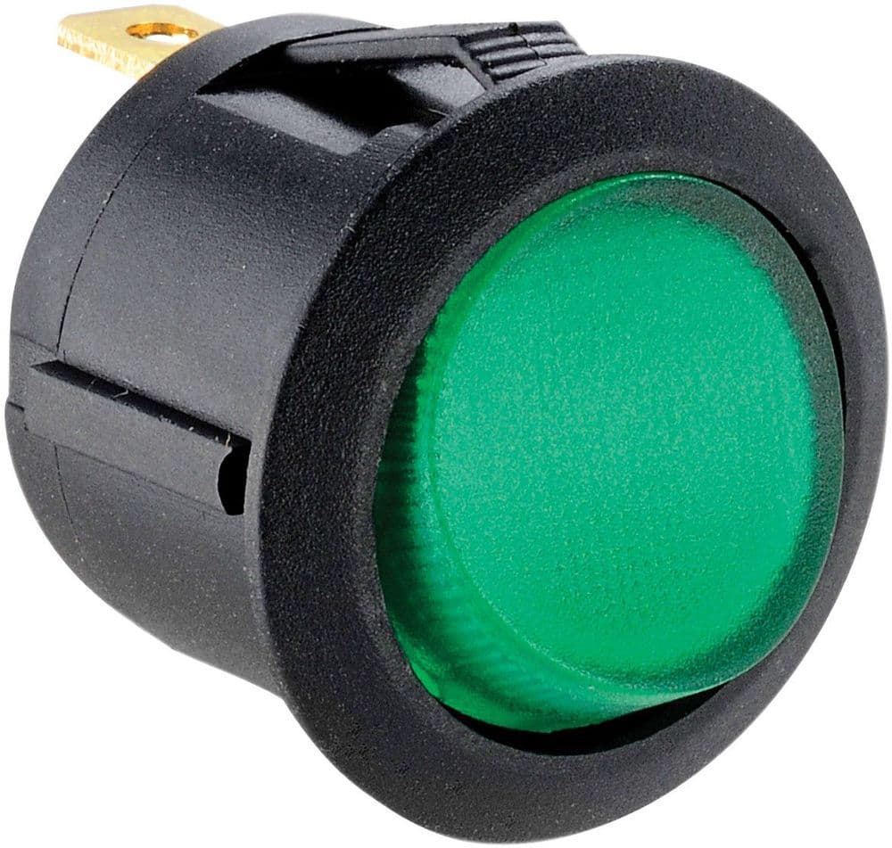 Green Illuminated 12V Round Rocker Switch 20mm Cutout SPST N33FB ABRR013