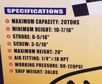 Mattis 20 Tonne Air Bottle Jack Max Height 20" Hydraulic Bottle Jack
