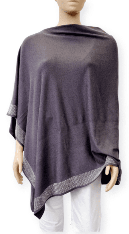 PON9713 DARK GREY CRYSTAL HEM PONCHO