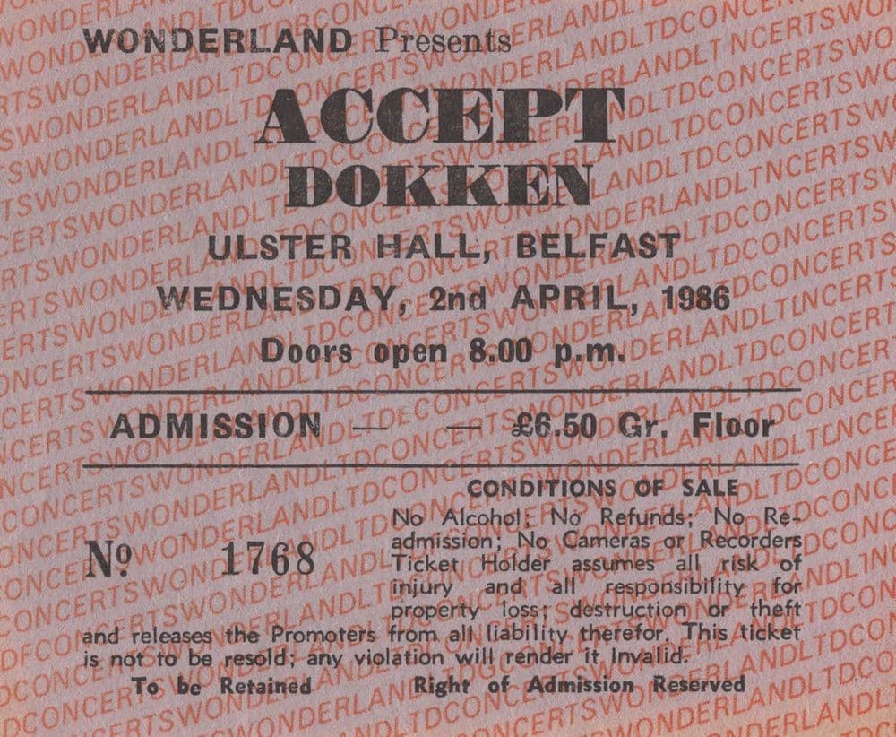 Accept Dokken 1986 Vintage Irish Belfast Heavy Metal Concert Ticket