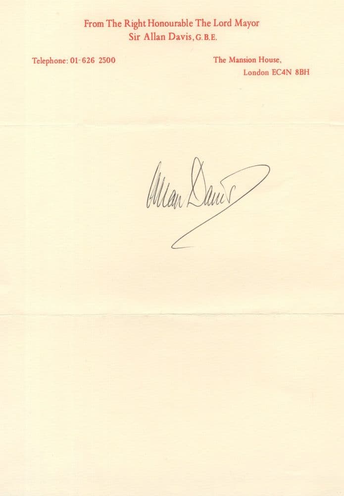 Allan Davis GBE 1980s Lord Mayor Of London Hand Signed Letter Autograph