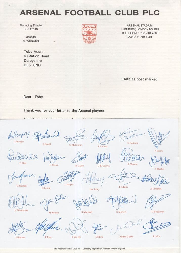 Arsenal Football Vintage Full Squad Signed Photo & Letter From Club