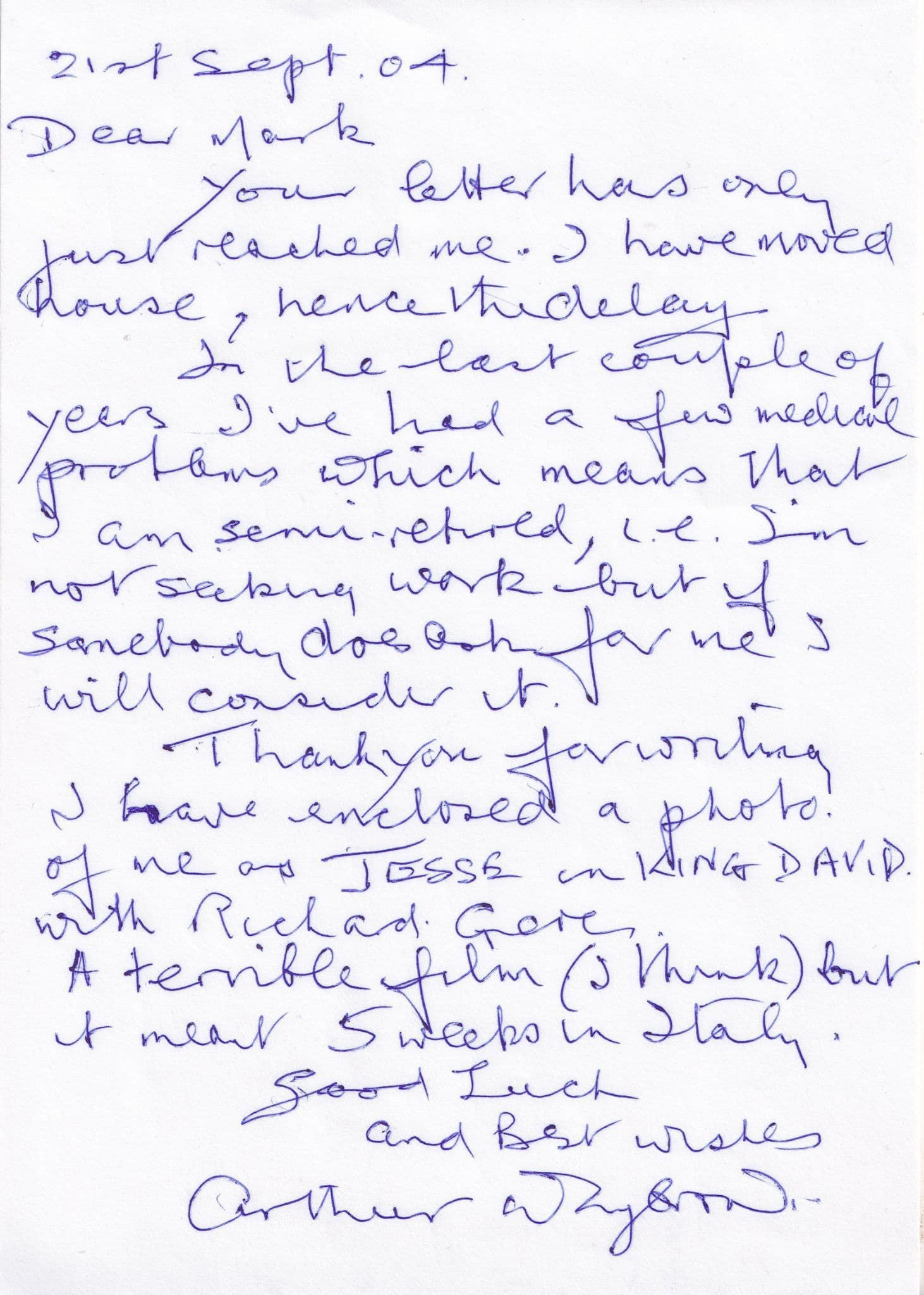 Arthur Whybrow as King David With Richard Gere Hand Signed Letter ...