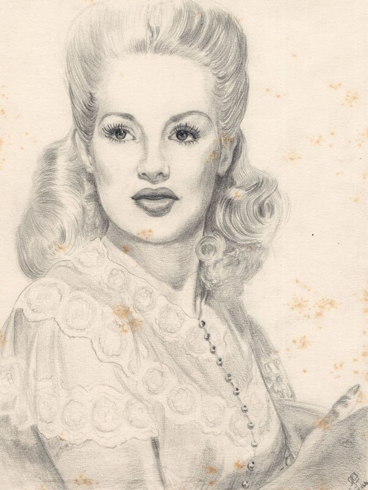 Betty Grable Hollywood Film Actress Large Vintage Hand Art Drawing