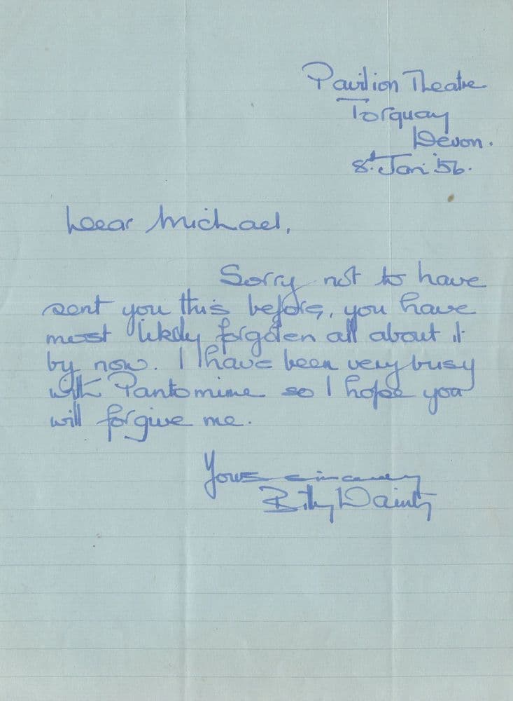 Billy Dainty Comedian 1956 Torquay Hand Signed Letter