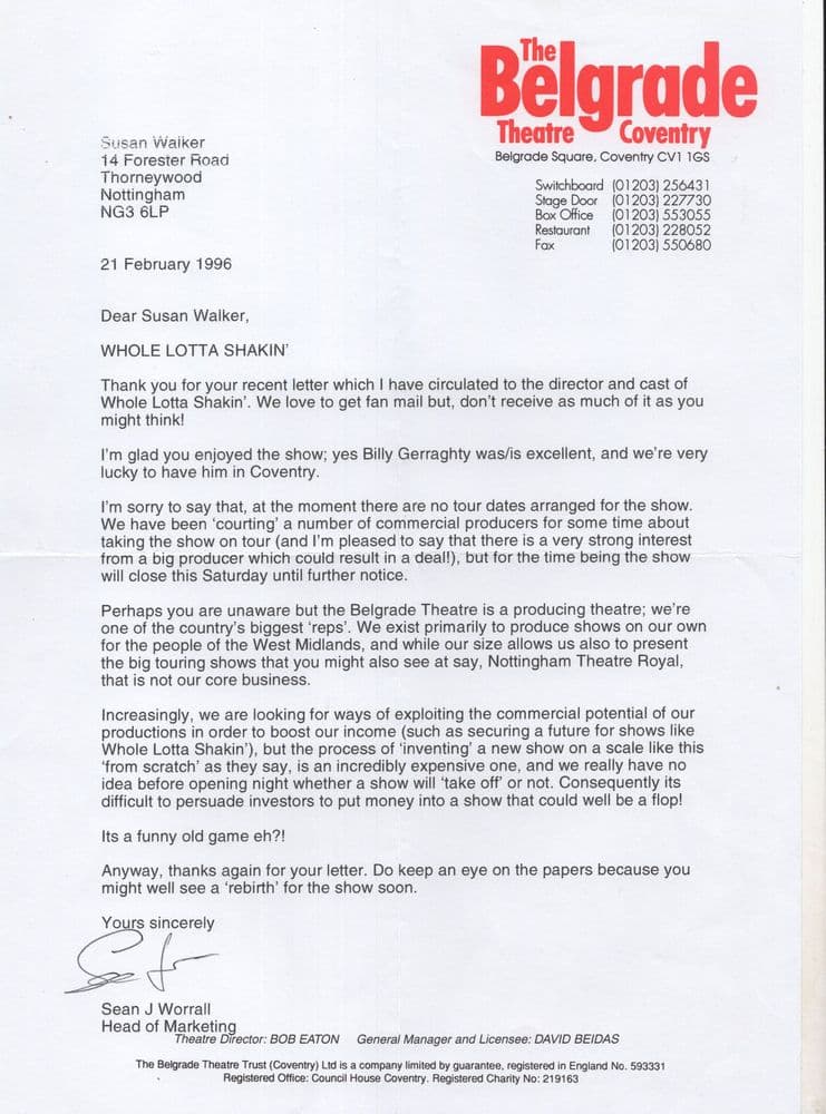 Billy Geraghty as Jerry Lee Lewis Whole Lotta Shakin Hand Signed Letter