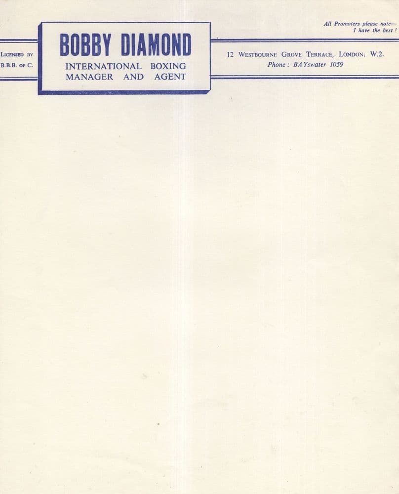 Bobby Diamond Boxer Boxing Manager ORIGINAL 1940s Management Paper