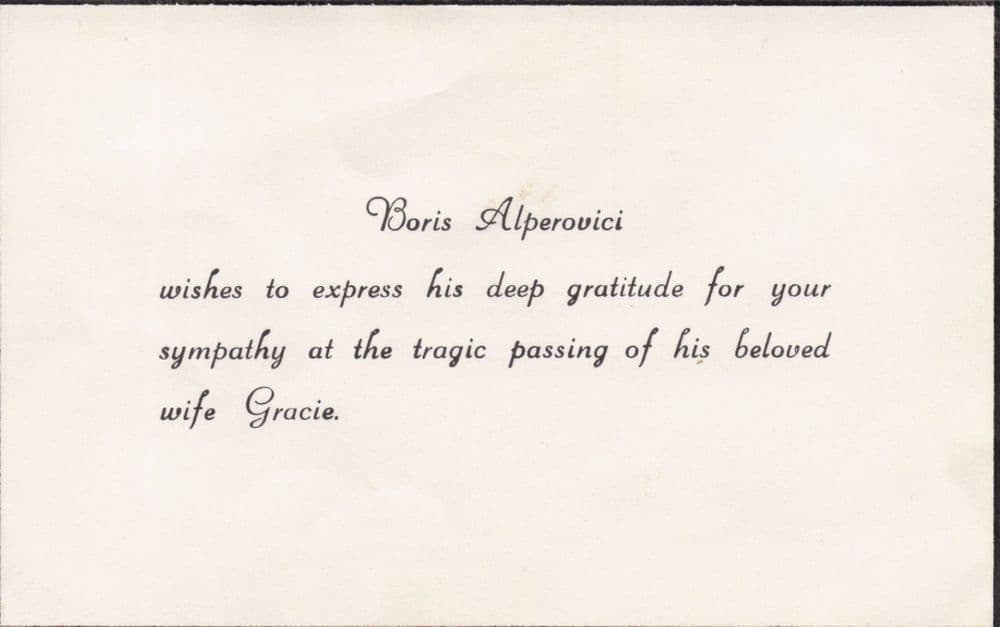 Boris Alperovici Official Condolences of Death Of Gracie Fields
